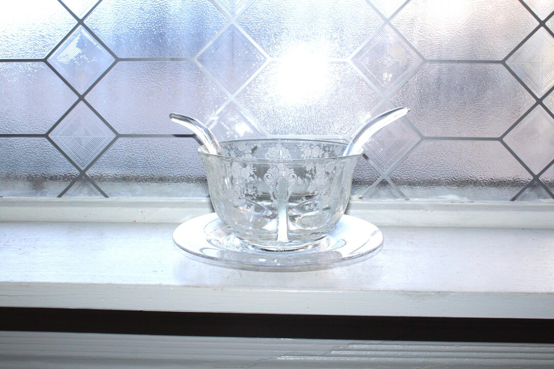 Cambridge Glass Rose Point Divided Mayo Dish With Under Plate & 2 ...