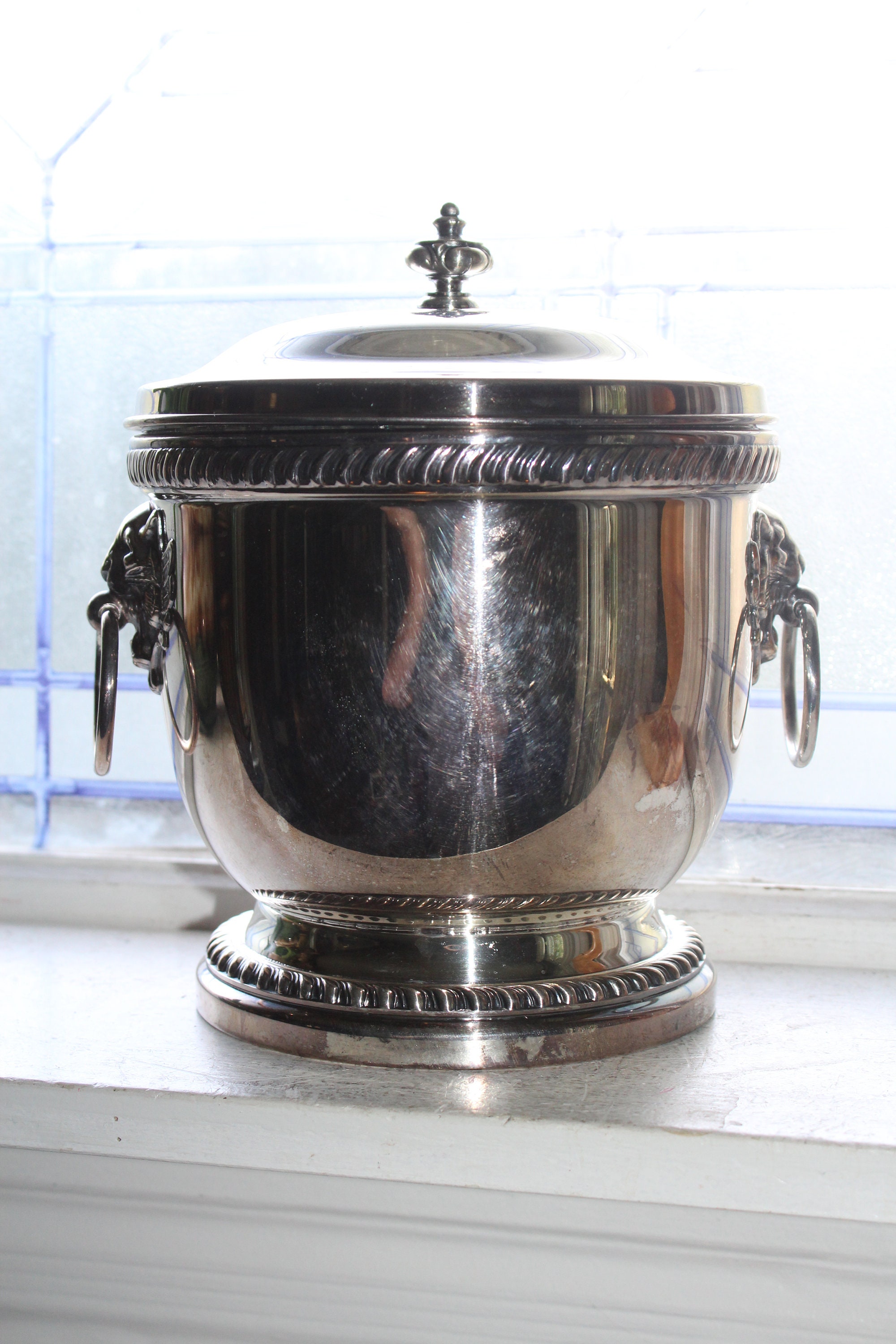 Vintage Silverplate Ice Bucket with Lion Head Handles Poole Silver
