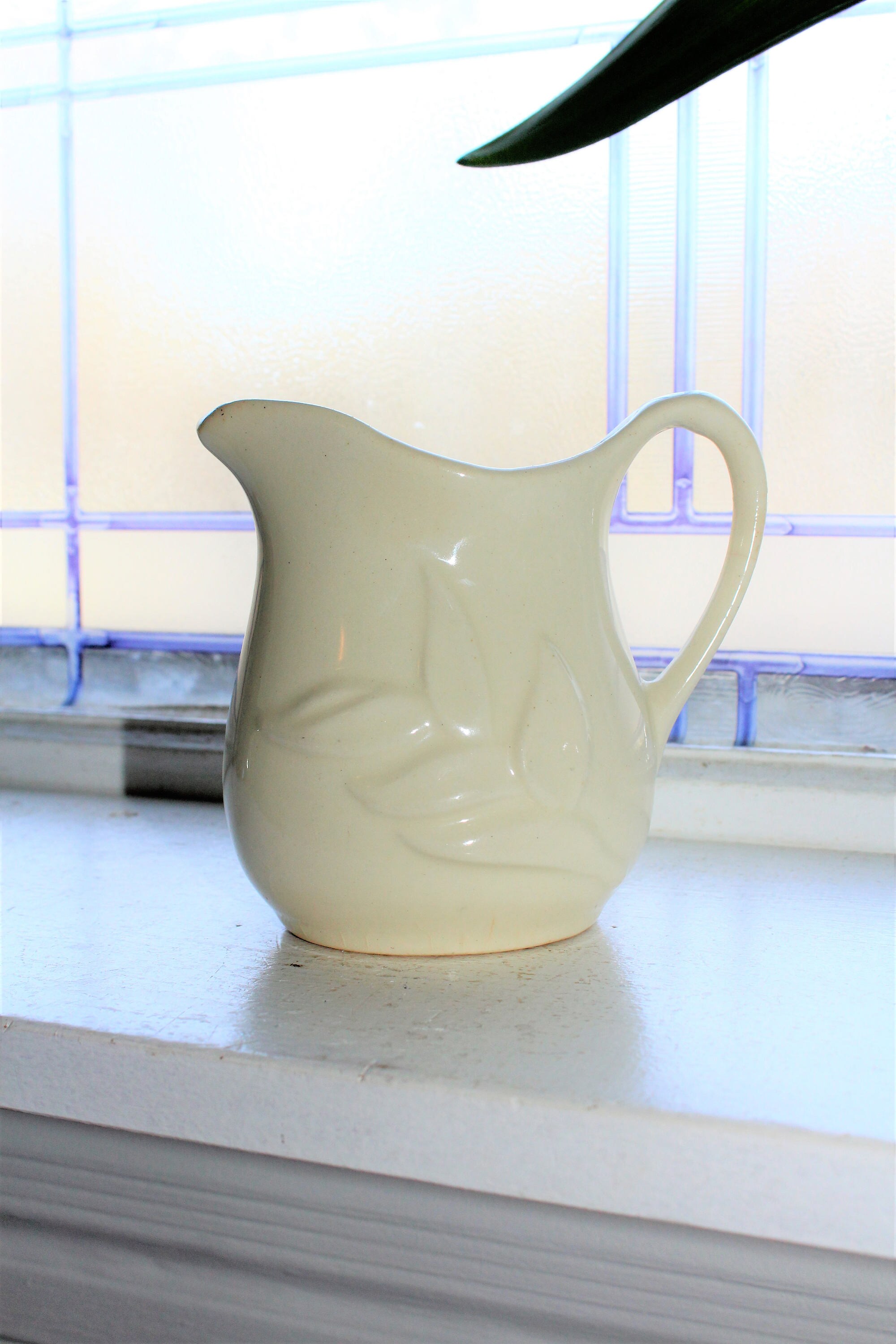 Antique White Ironstone Small Pitcher Creamer Embossed Leaves
