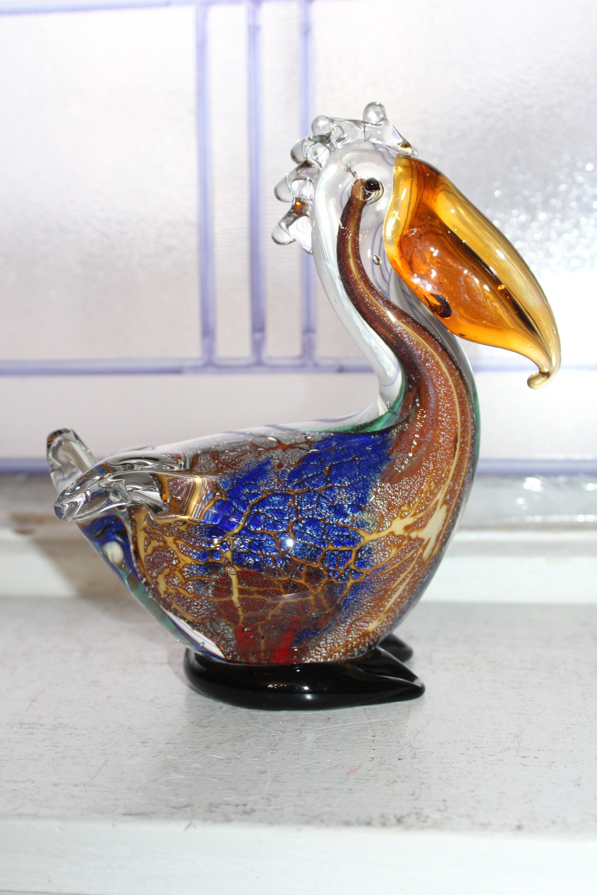 Vintage Murano Art Glass Pelican Figurine Blues and Copper