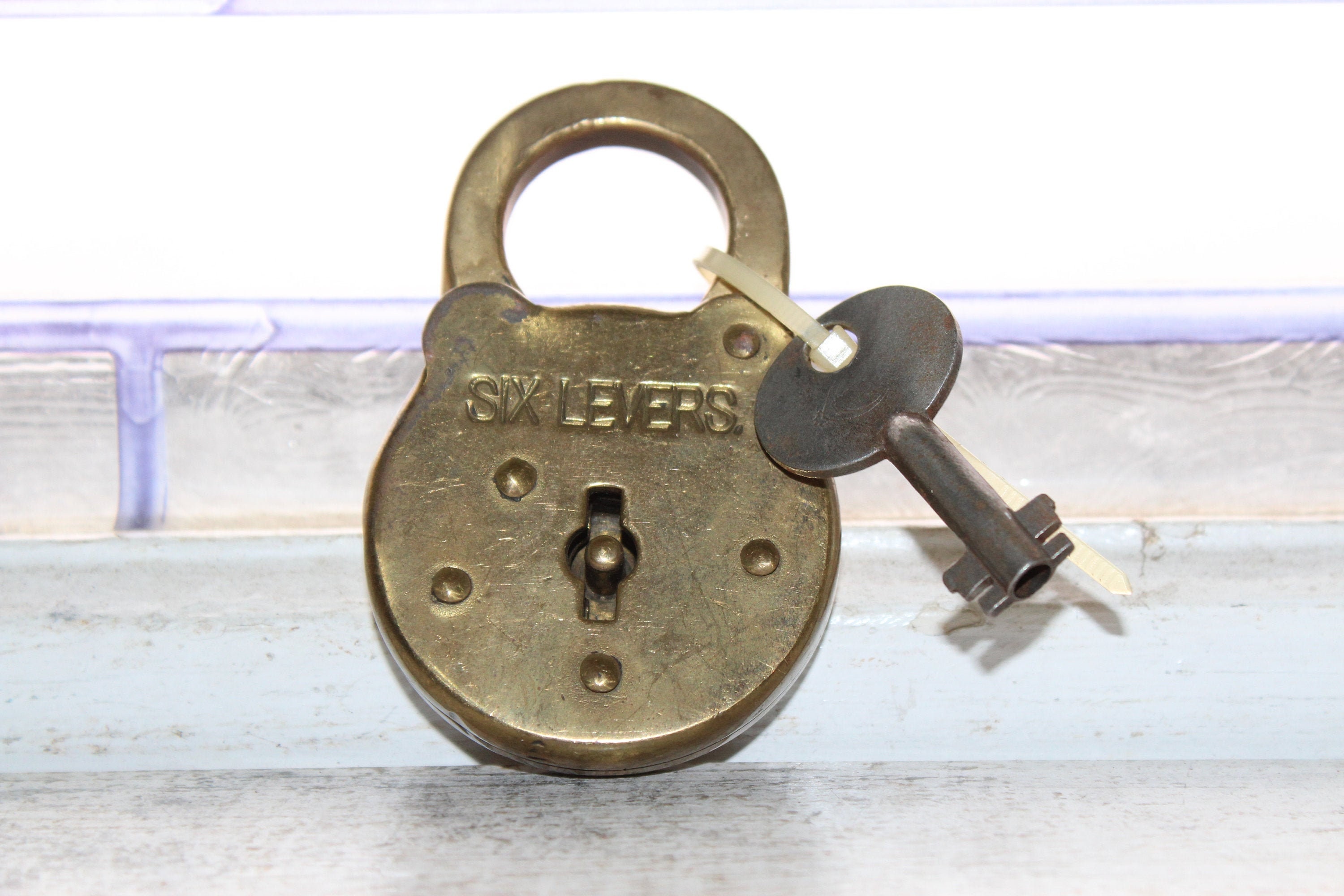 Large Antique Brass Six Levers Lock Padlock with Original Key