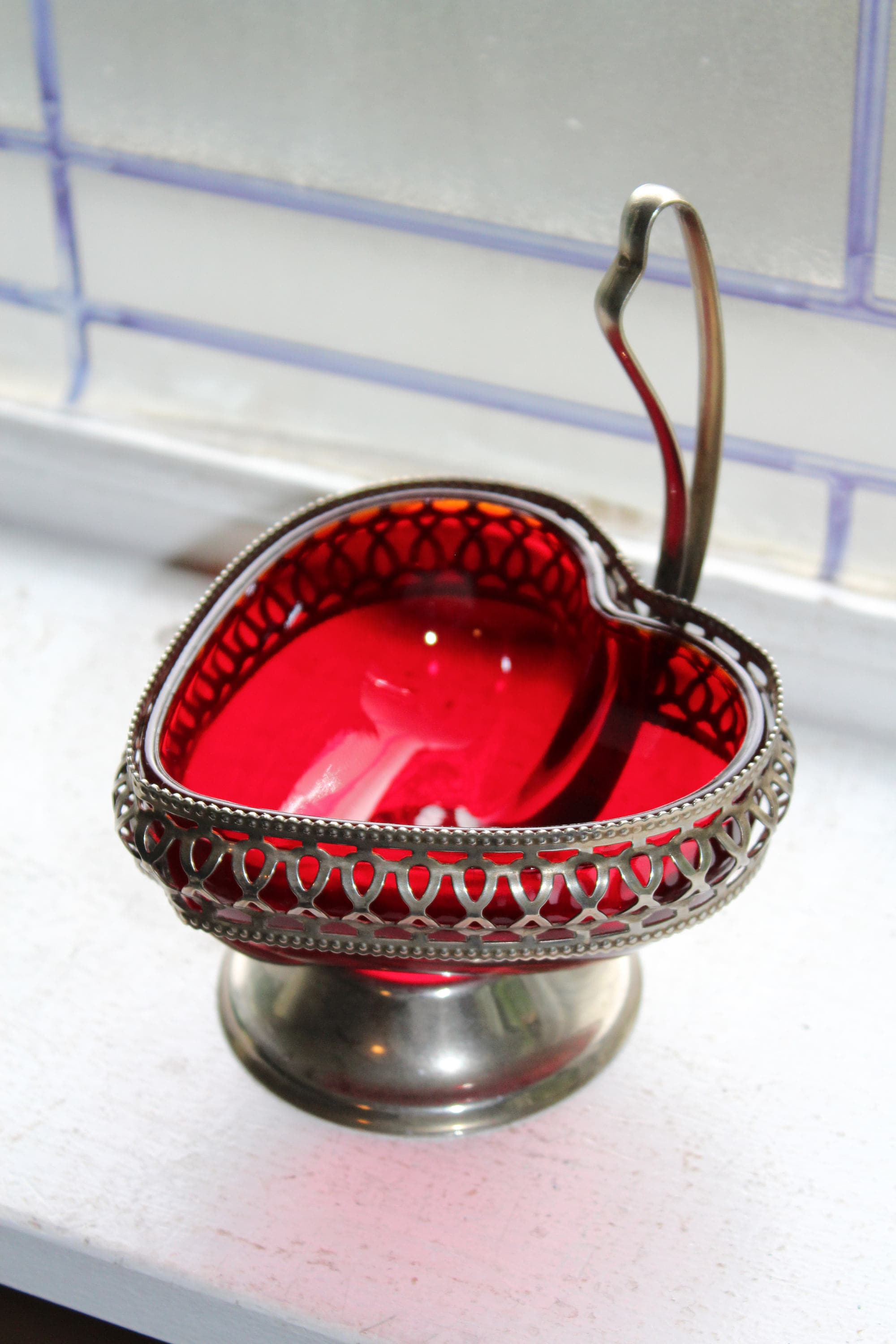 Royal Ruby Red Heart Dish in Sheffield Silverplate Stand Vintage 1950s