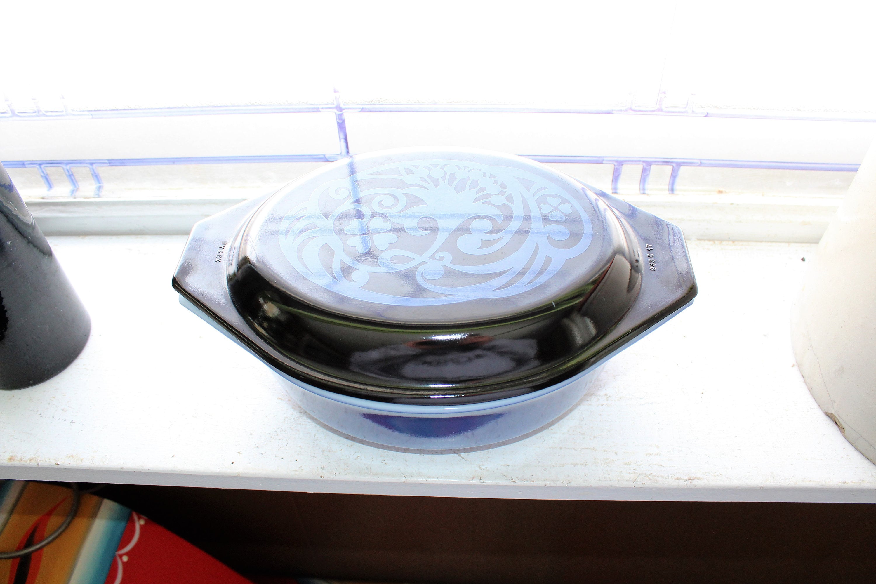 Pyrex Midnight Bloom Casserole with Lid Black and Blue Vintage 1970s