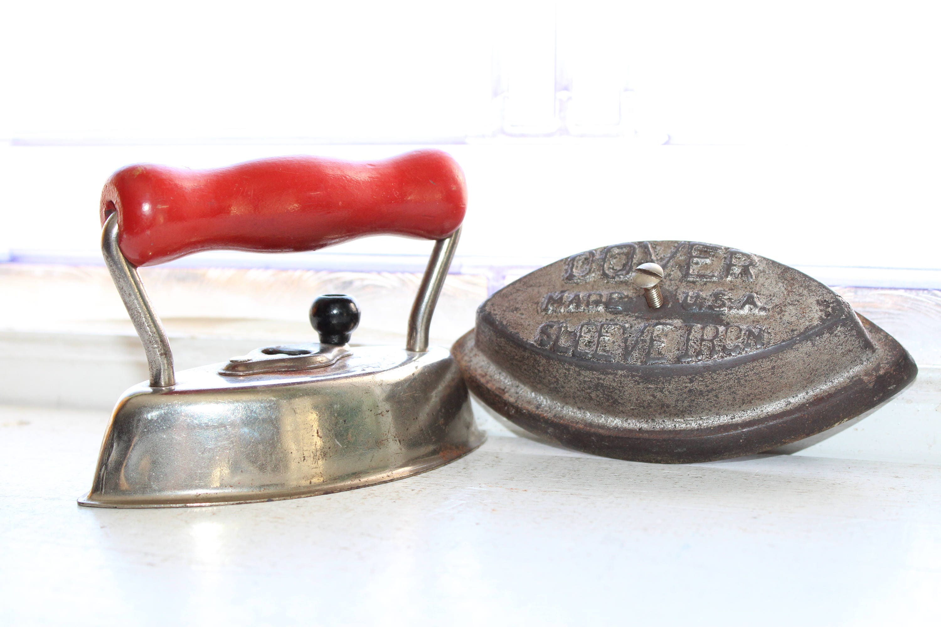 Antique Sad Iron Red Wood Handle Farmhouse Decor