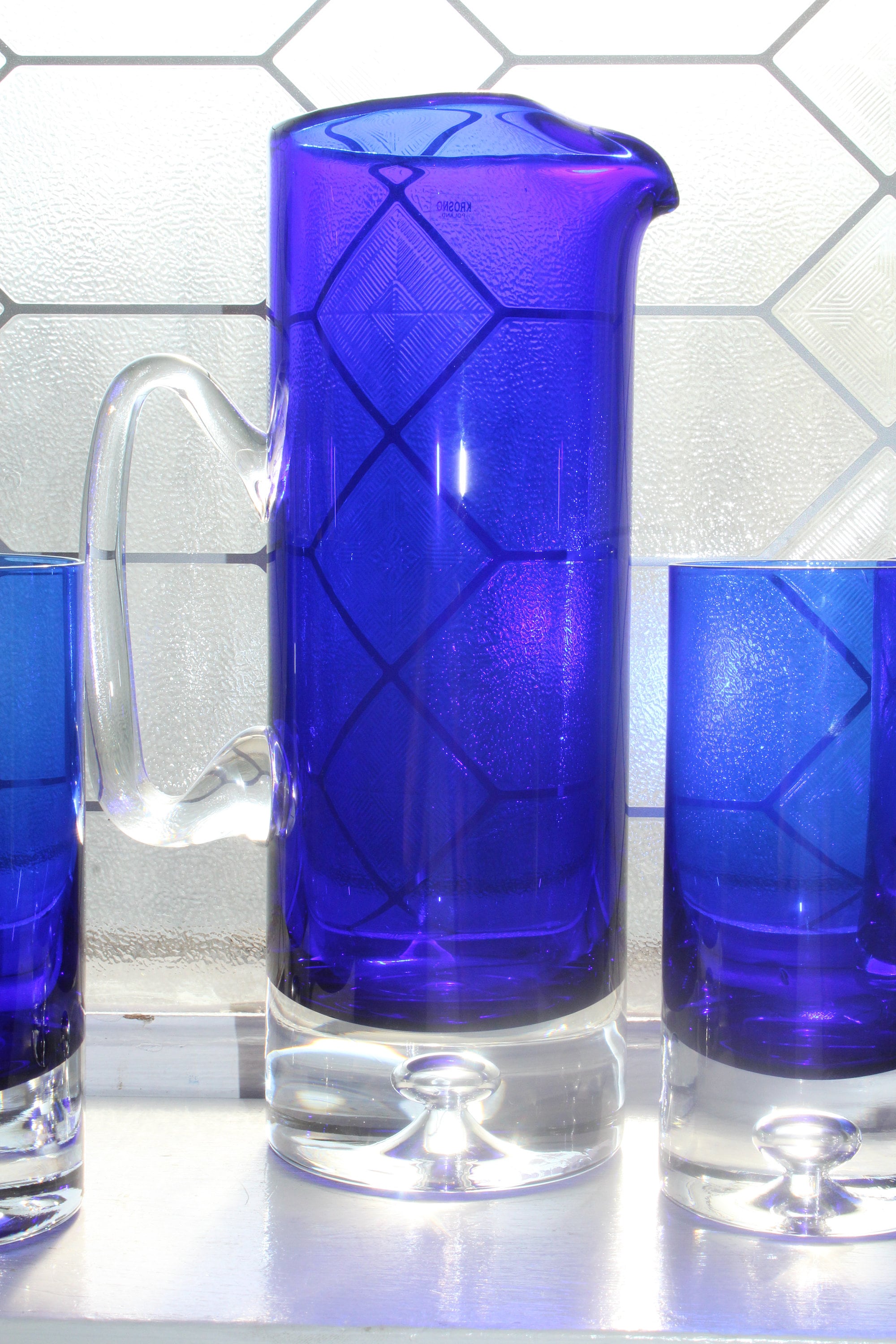 Cobalt Blue Glass Block Stockholm Pitcher & Tumblers Krosno Suspended ...