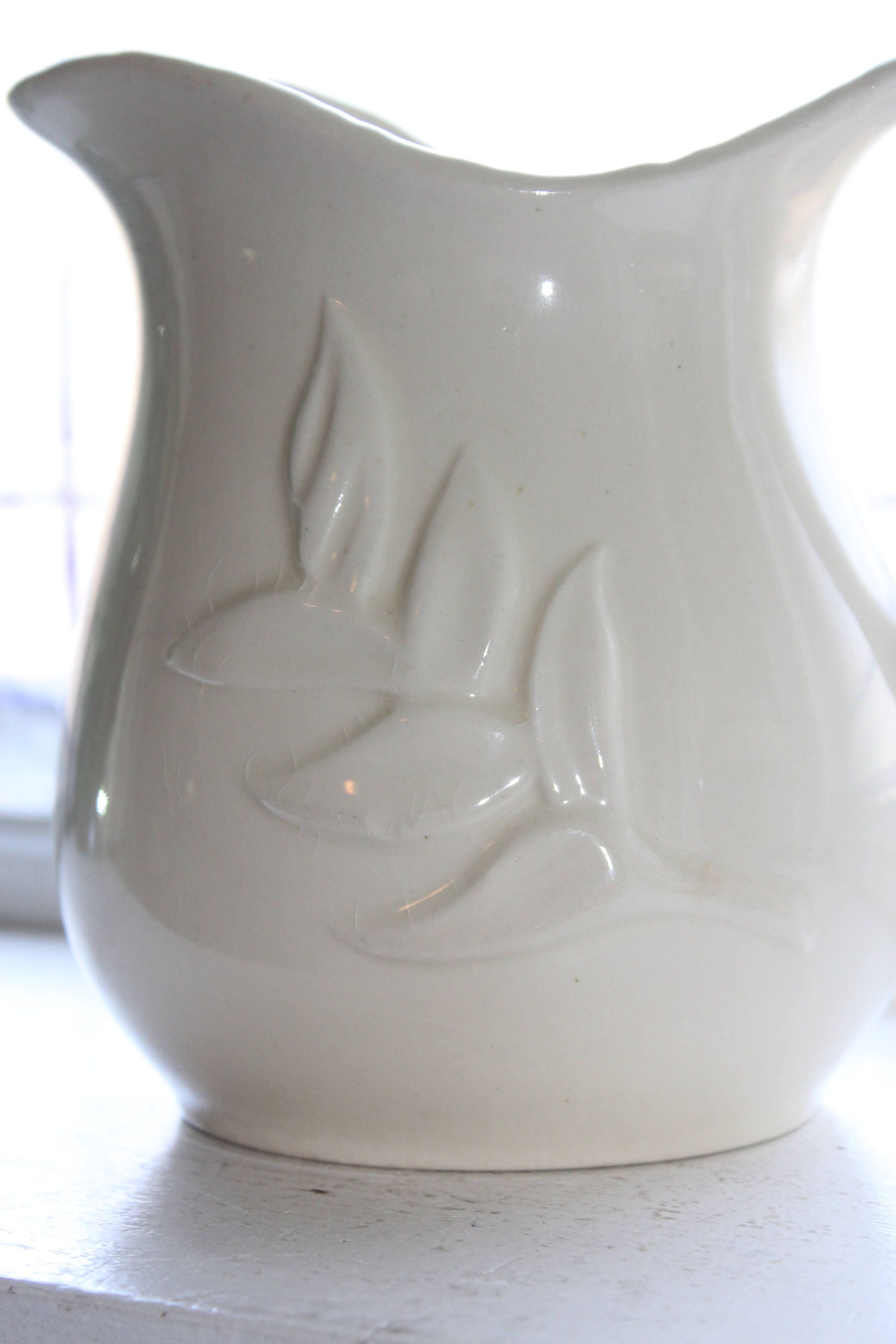 Antique White Ironstone Milk Pitcher Embossed Leaves