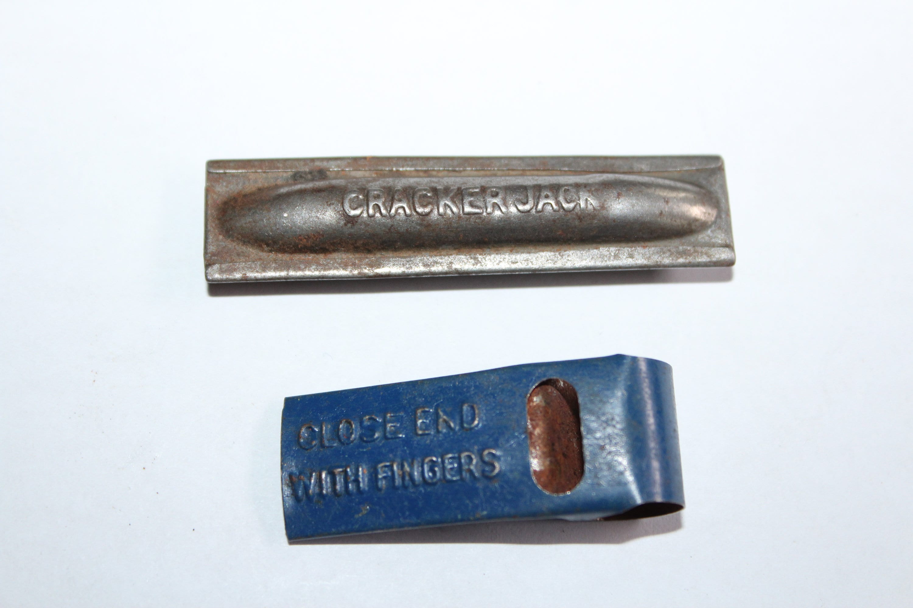 2 Vintage Cracker Jack Tin Whistles