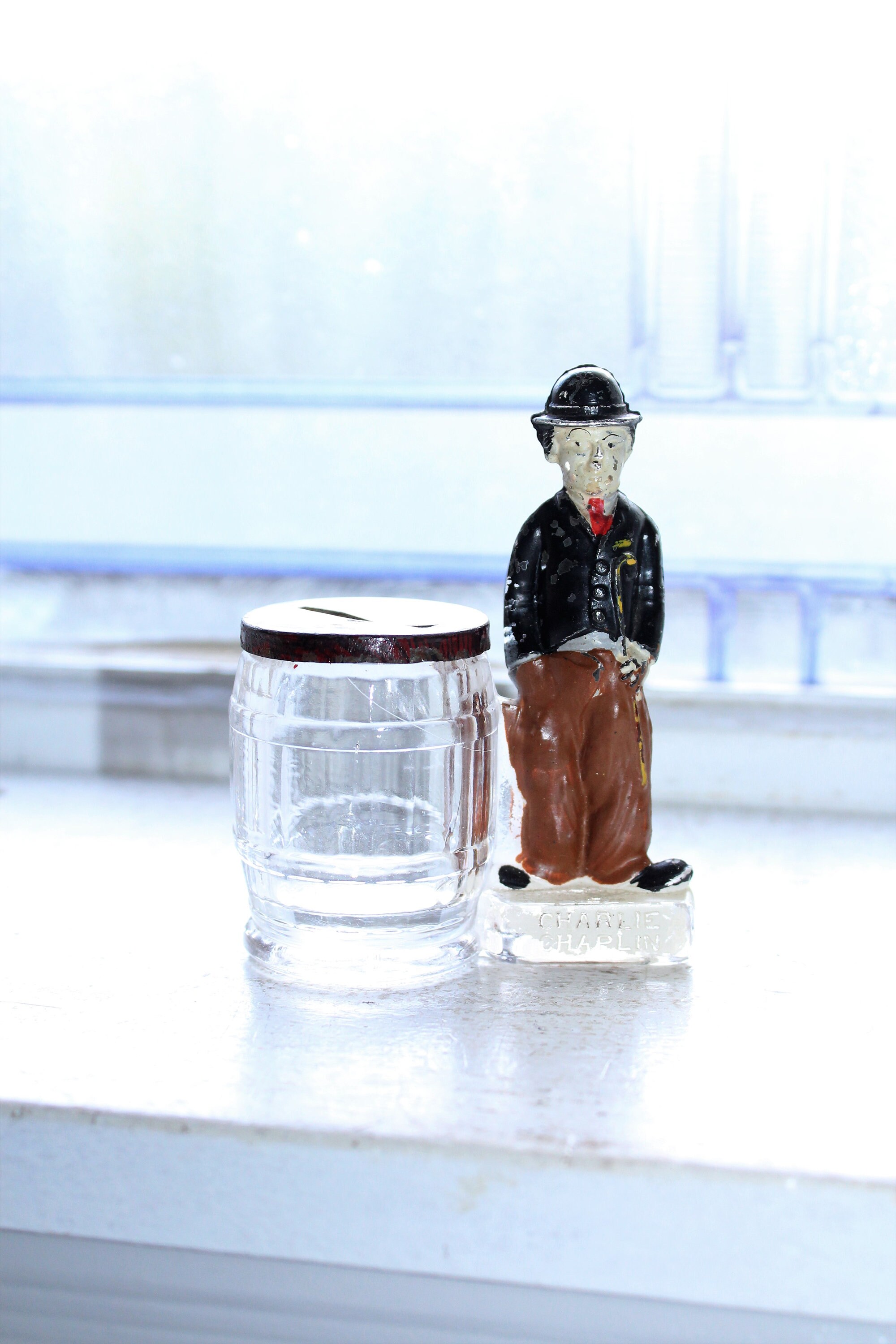 Vintage Glass Charlie Chaplin Candy Container Still Bank 1920s