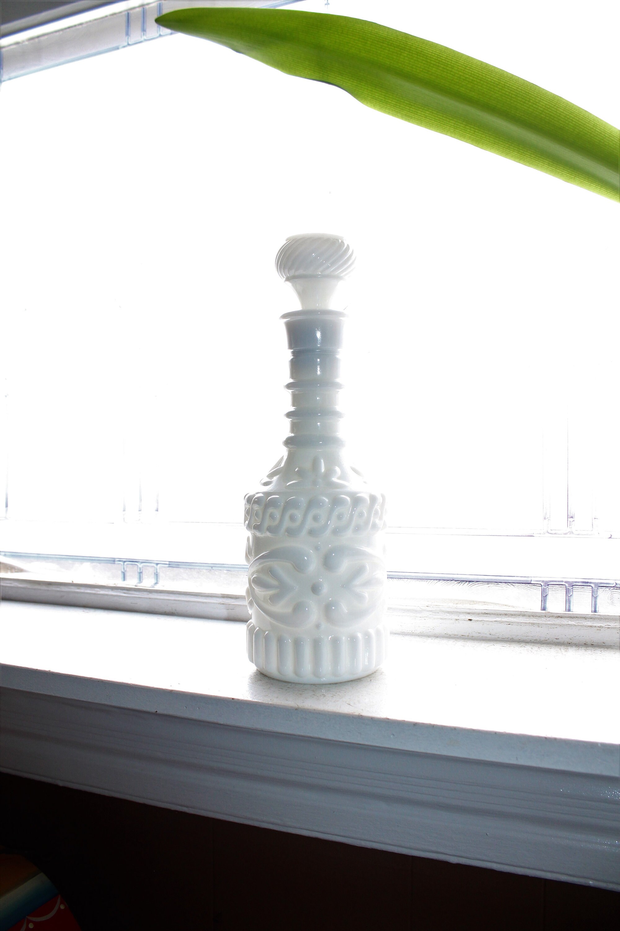 Ornate Vintage Milk Glass Decanter