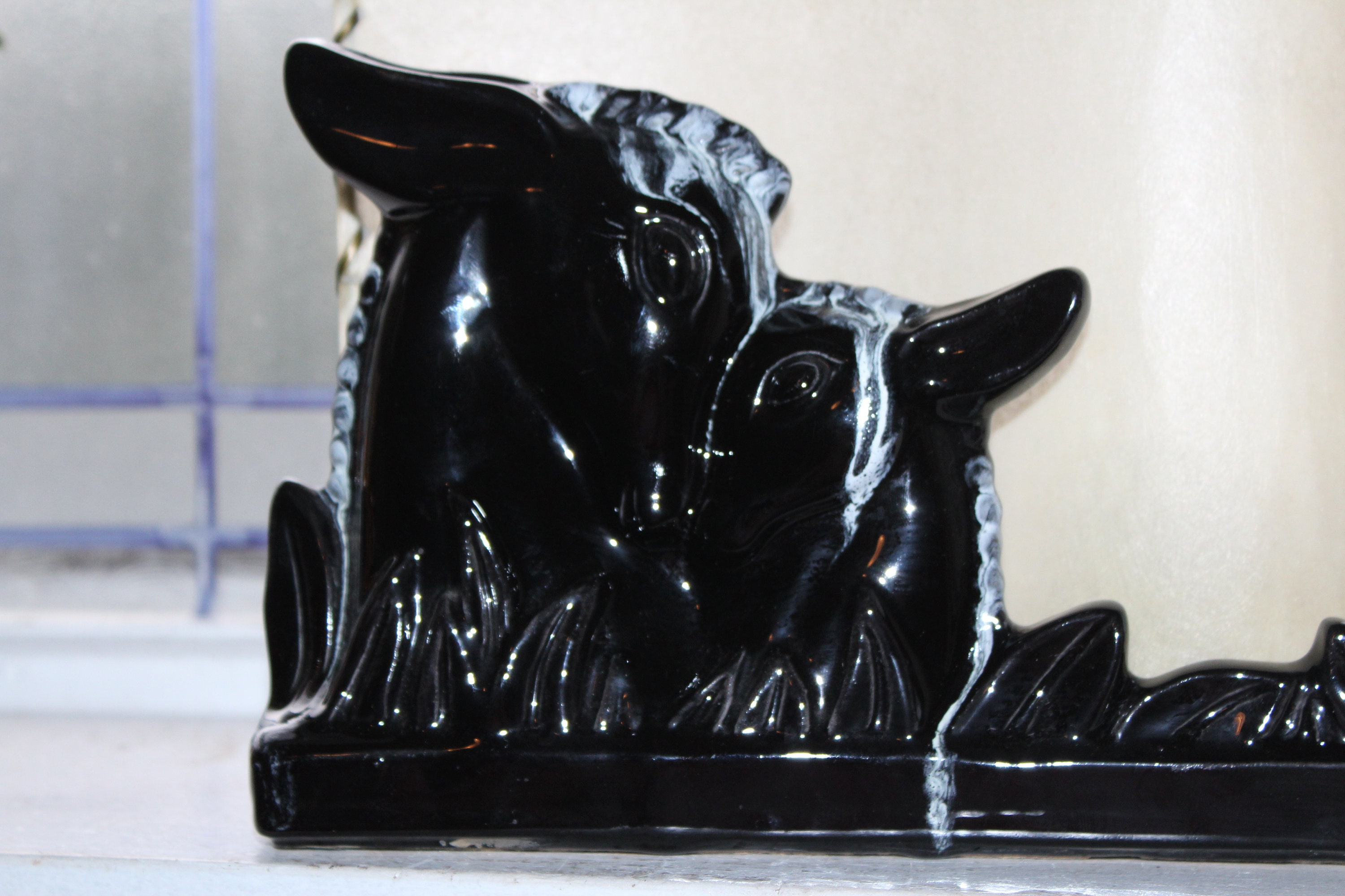 Vintage Mid Century TV Lamp Black Deer and Fawn with Fiberglass Shade