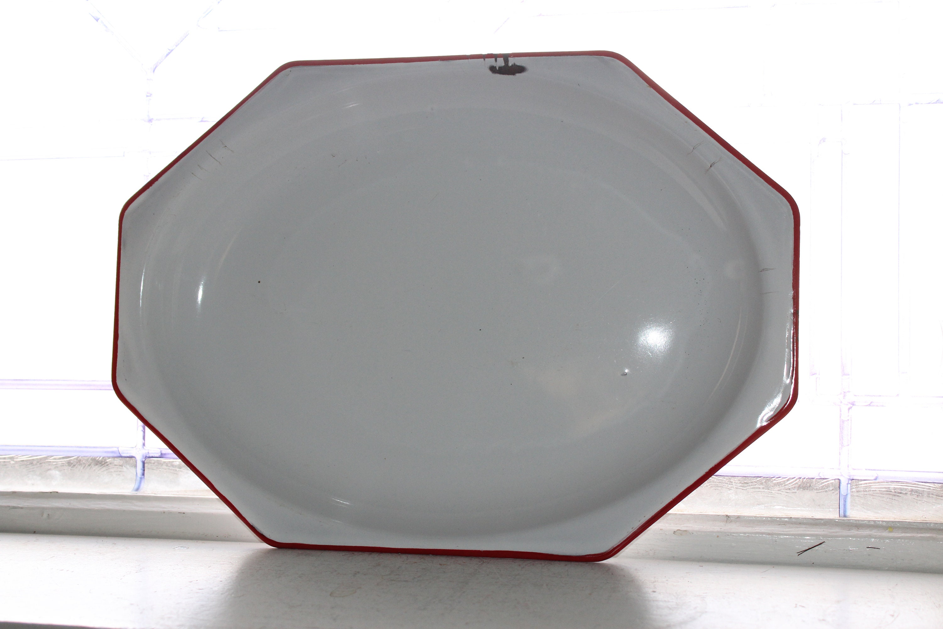 Large White Enamelware Tray Platter with Red Trim Rustic Farmhouse