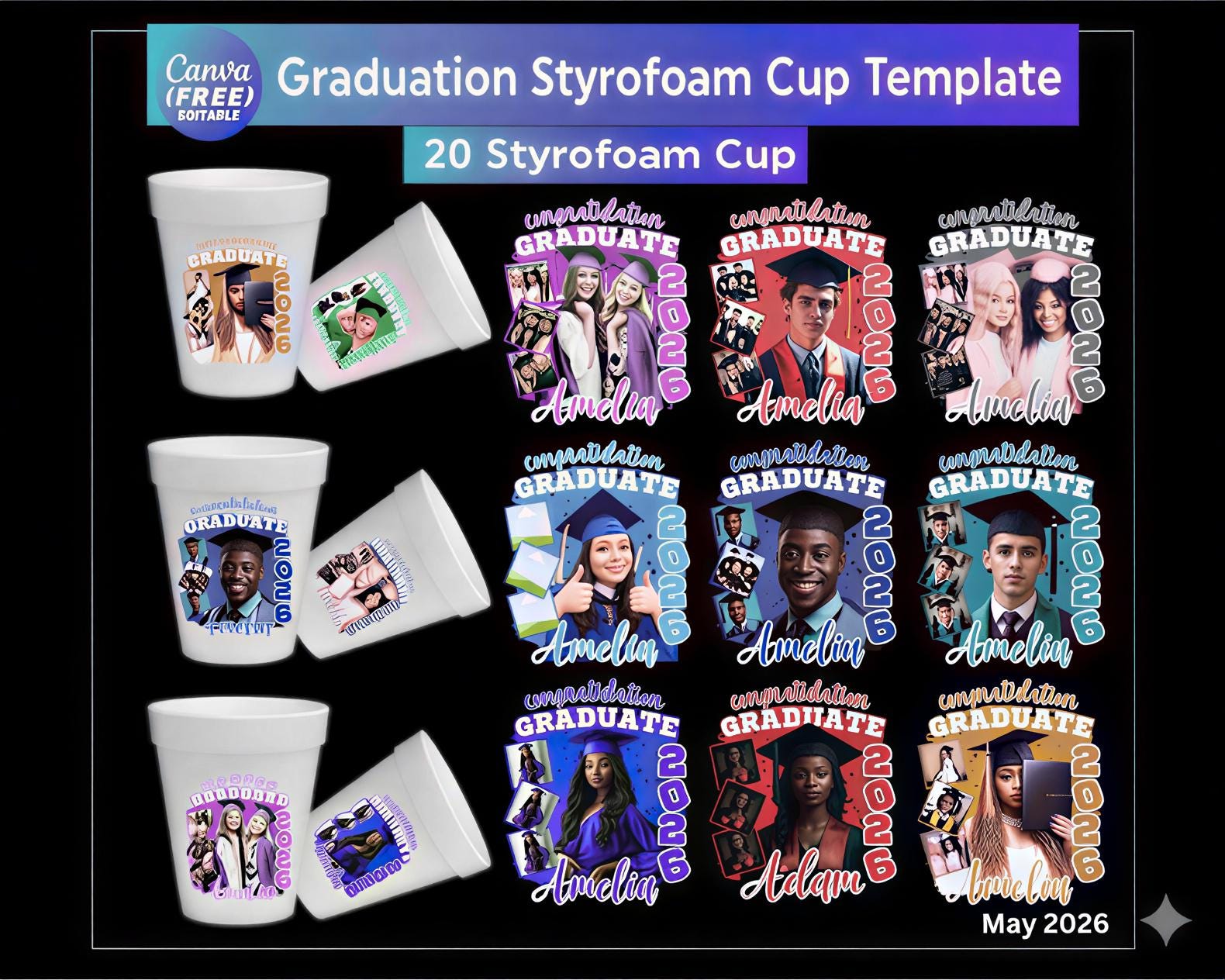 Graduation Styrofoam Cup Template Bundle, Canva Editable Grad Cup ...