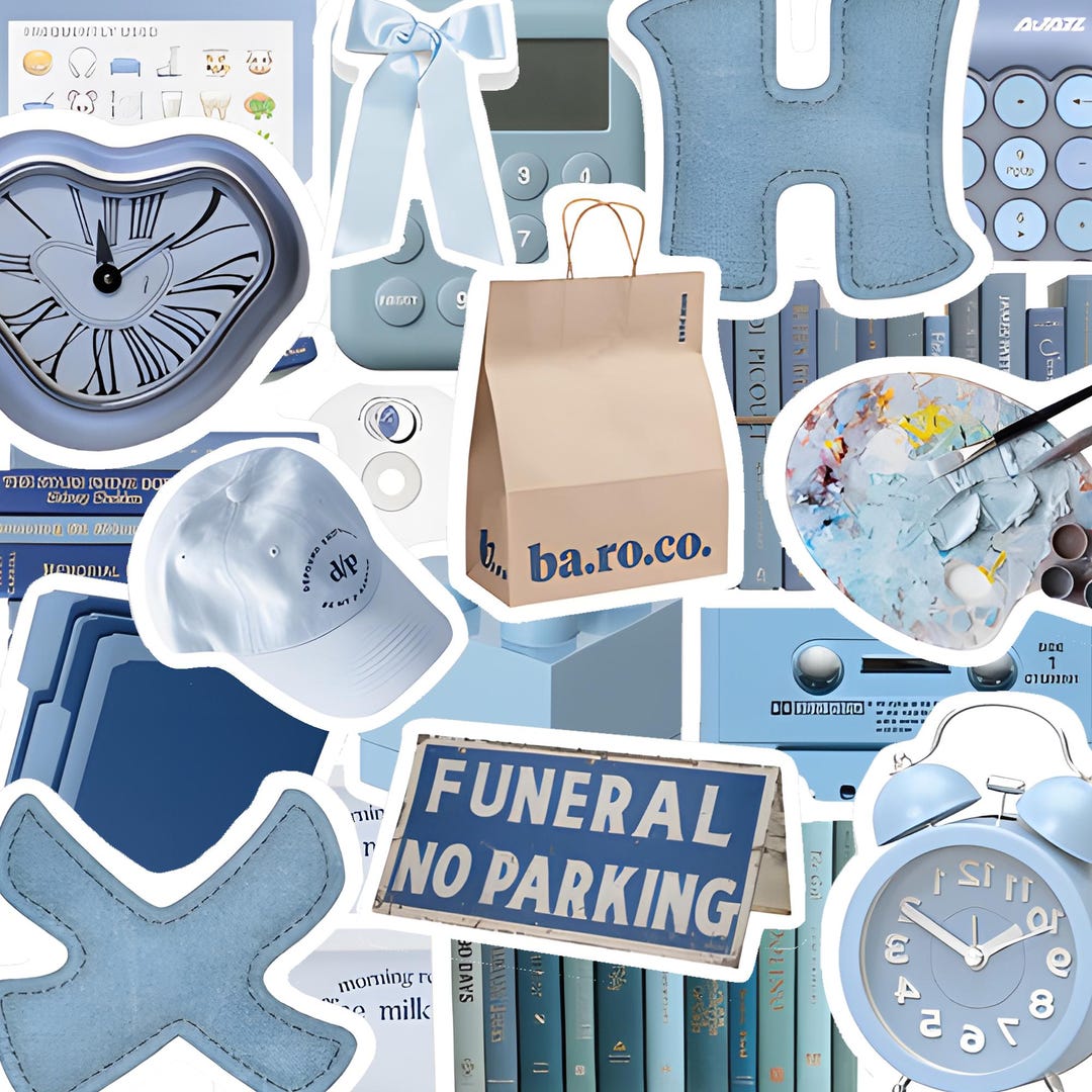 60 Soft Blue & White Cartoon Stickers, Gentle Soothing Doodle Decals ...