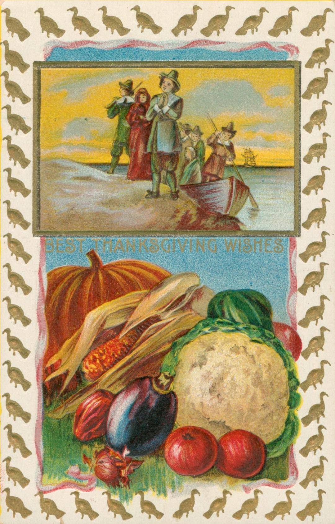 Vintage Thanksgiving Postcard, Pilgrims, Cornucopia, and Turkeys Border ...