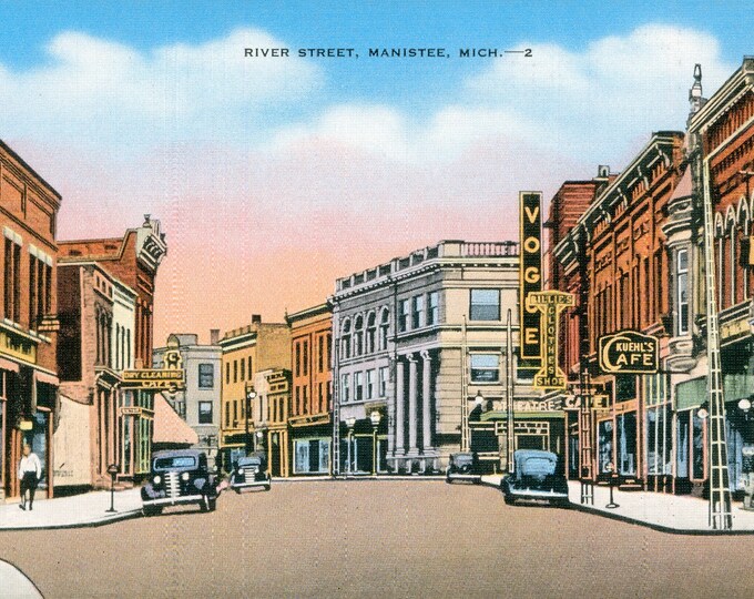 Linen Postcard, Manistee, Michigan, River Street, NICE, Ca 1940 - Etsy