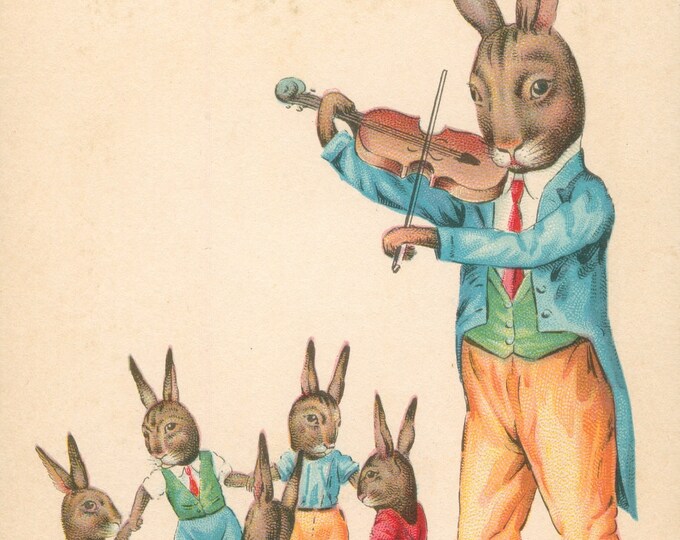 Vintage Easter Postcard, Father Bunny Playing Violin, Children Bunnies ...