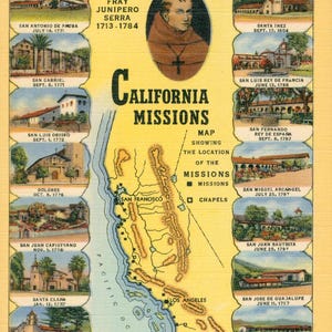 Linen Postcard, California Missions, Map Showing All 21 Missions - Etsy