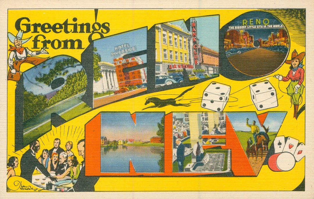 Linen Postcard, Greetings From Reno, Nevada, Dice, Poker, Wild West ...