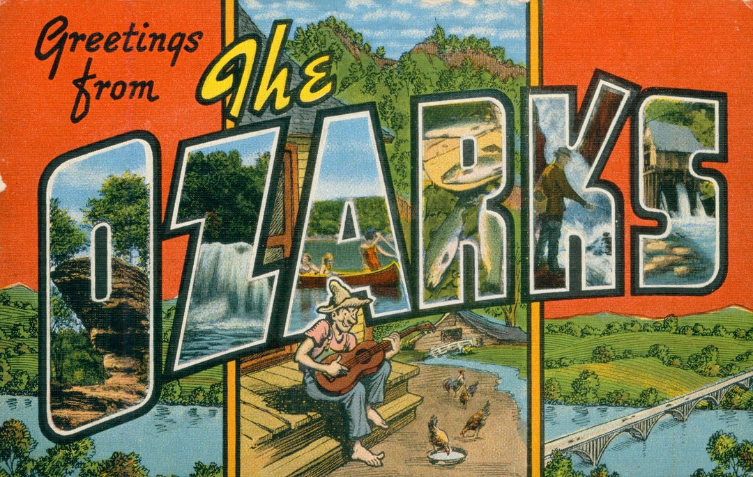 Linen Postcard, Greetings From the Ozarks, Hillbilly, Fishing, Large ...
