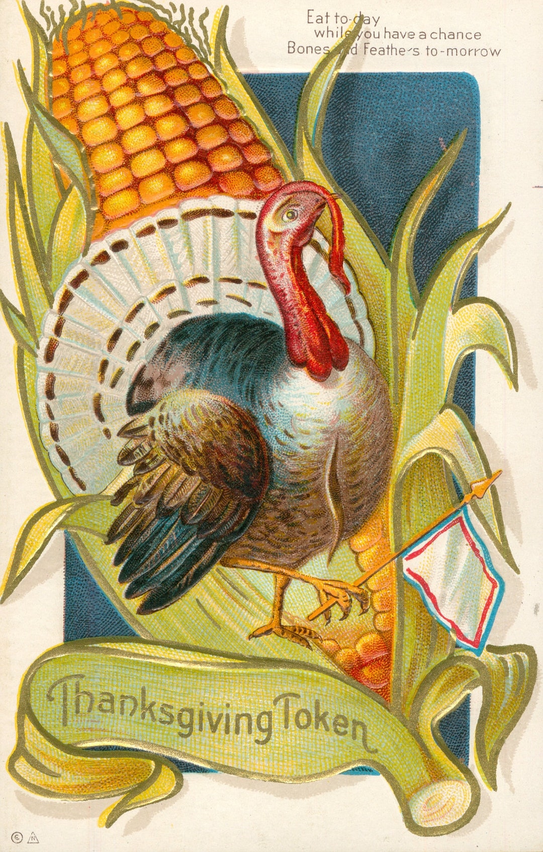 Vintage Thanksgiving Postcard, Turkey, Cornstalk, Flag, Ca 1910 - Etsy