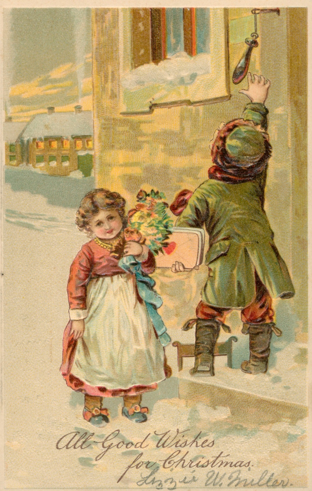 Vintage Christmas Postcard, Children Ringing Doorbell, Girl Holding ...