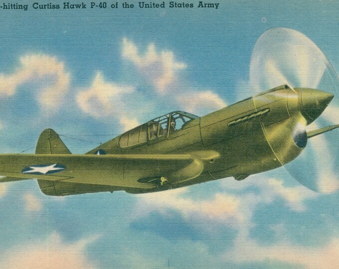 Linen Postcard, U.S. Army Air Corps Plane, Curtiss Hawk P-40 Pursuit ...