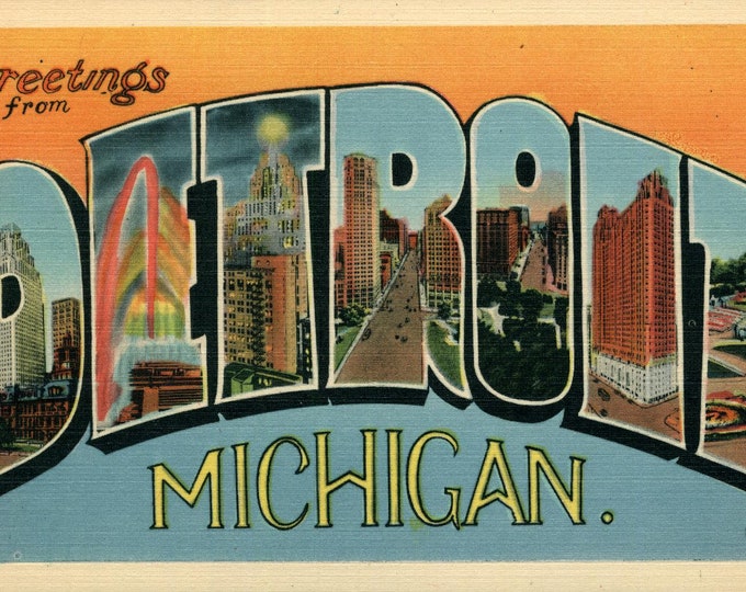 Linen Postcard, Greetings From Detroit, Michigan, Large Letter, Ca 1950 ...