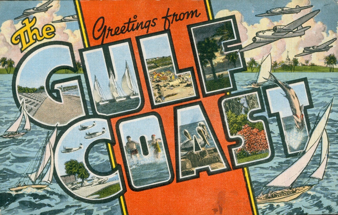 Linen Postcard, Greetings From Gulf Coast, Large Letter, Ca 1945 - Etsy