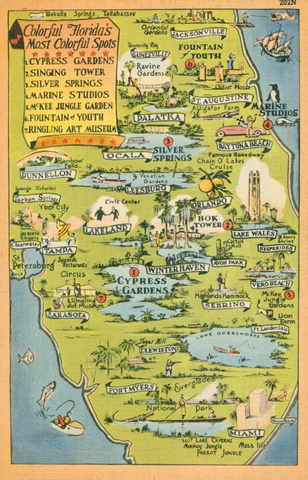 Linen Postcard, Florida, Cypress Gardens, Ringling Museum, State Map - Etsy