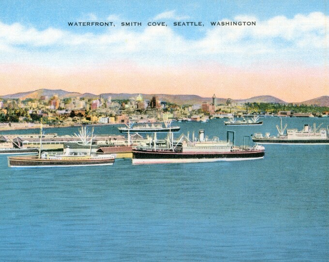 Linen Postcard, Seattle, Washington, View on Water Front, Smith Cove ...