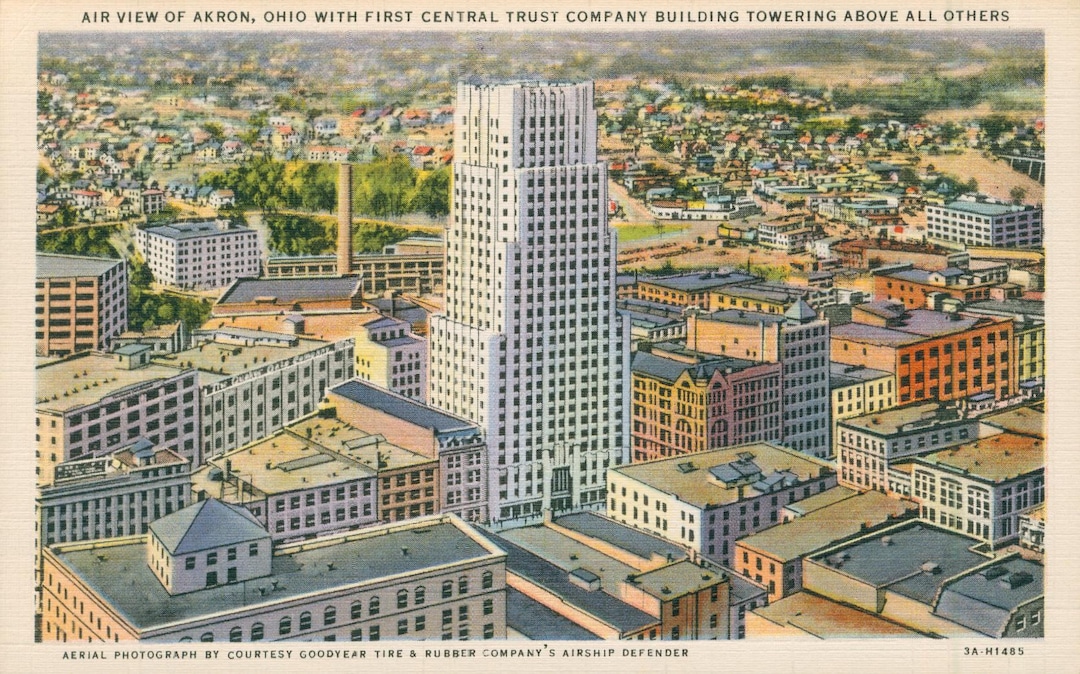Linen Postcard, Akron, Ohio, Birds Eye View of City, Central Trust ...