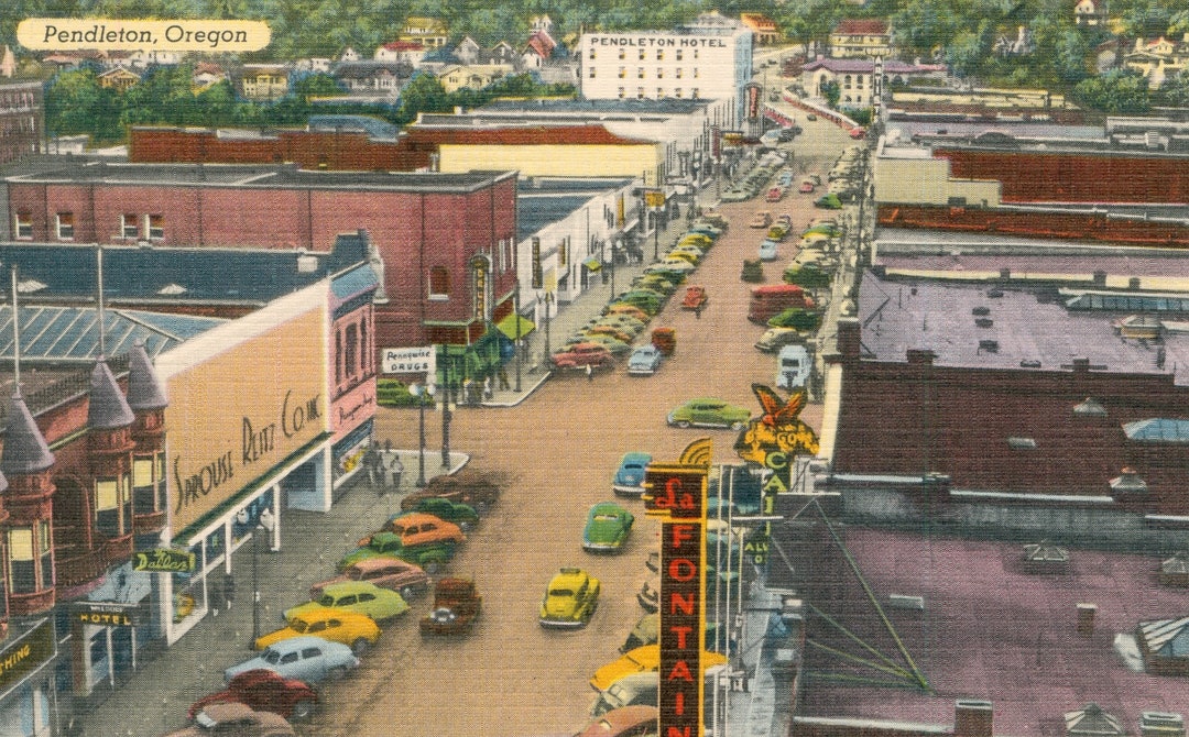 Linen Postcard, Pendleton, Oregon, Birds Eye View of Main Street, Ca ...
