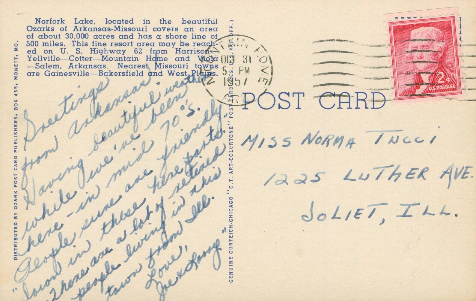 Linen Postcard, Greetings From Lake Norfork, in the Beautiful Ozarks ...