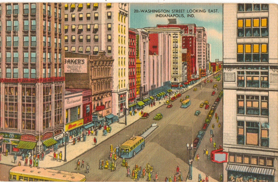 Linen Postcard, Indianapolis, Indiana, Washington Street Looking East ...