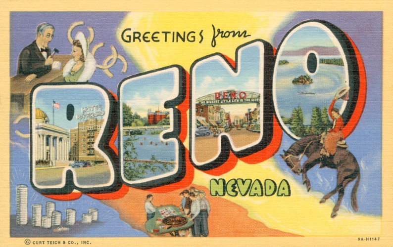 Digital File of Postcard, Greetings From Reno, Nevada, Gambling, Large ...