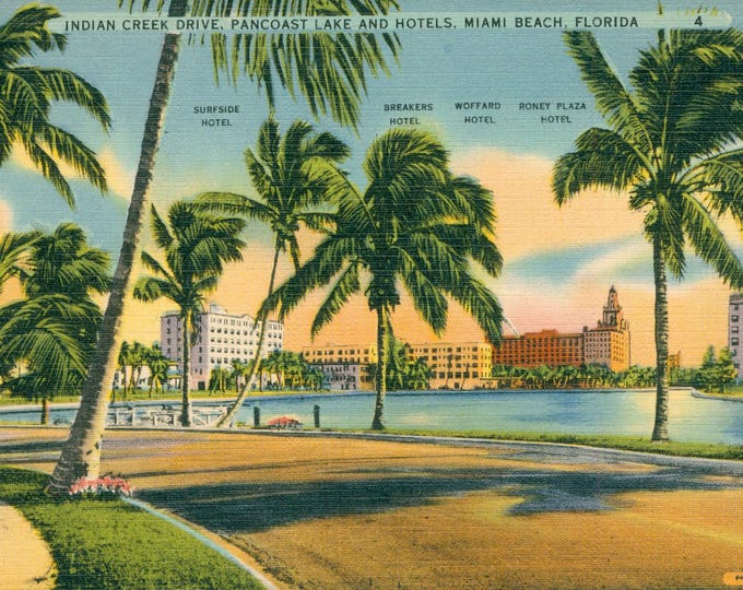 Linen Postcard, Miami Beach, Florida, Pancoast Lake and Hotels, Ca 1940 ...