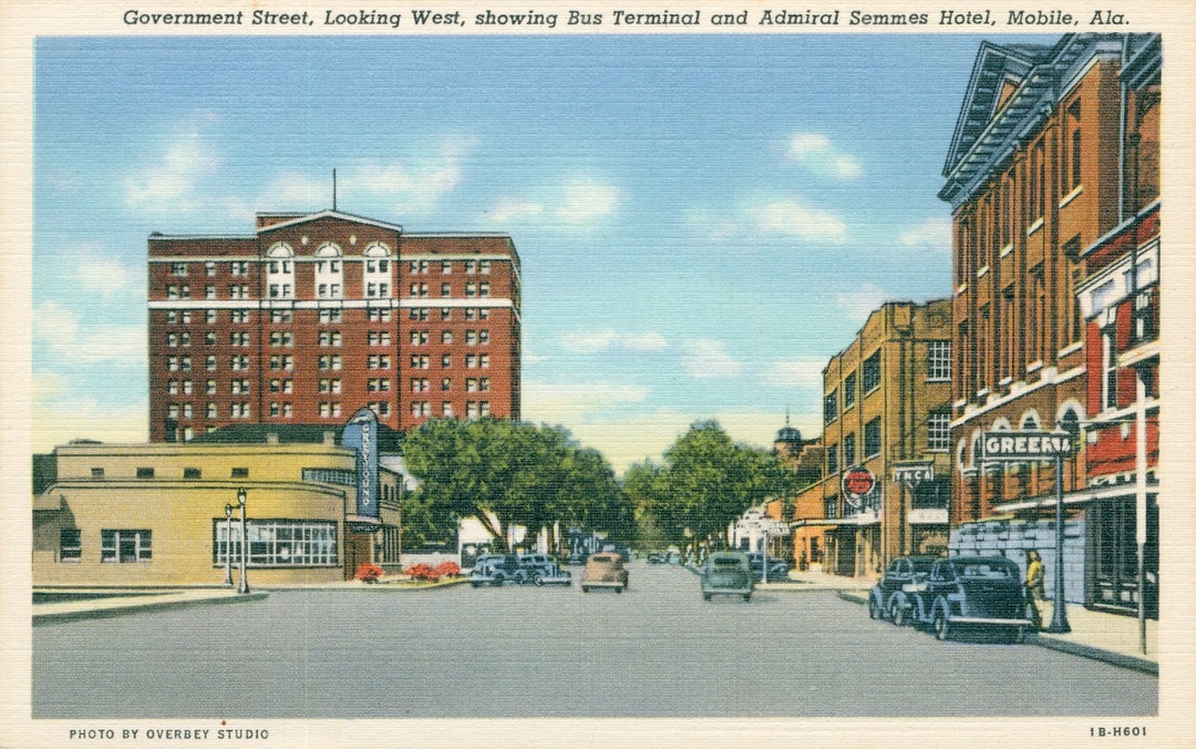 Linen Postcard, Mobile, Alabama, Government Street, Bus Terminal, Hotel ...