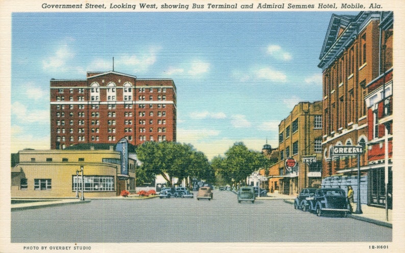 Linen Postcard, Mobile, Alabama, Government Street, Bus Terminal, Hotel ...