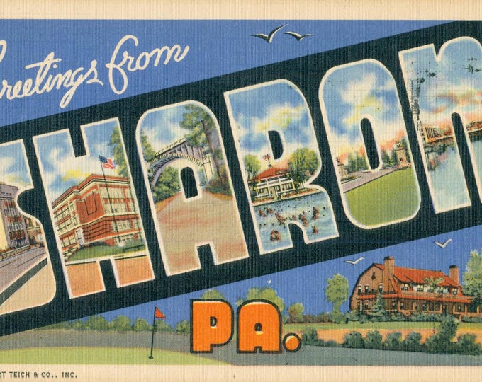 Linen Postcard, Greetings From Sharon, Pennsylvania, Large Letter - Etsy