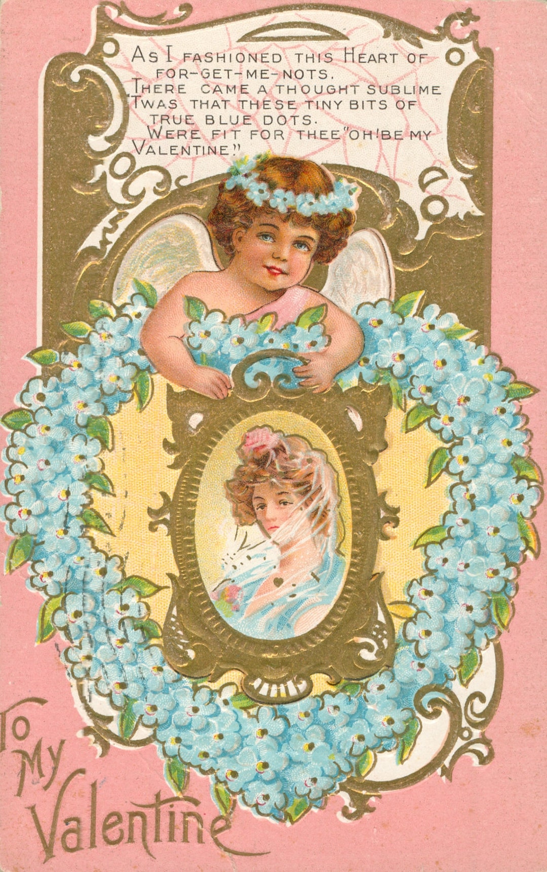 Vintage Valentine Postcard, Heart of Forget Me Nots, Cupid Valentine ...