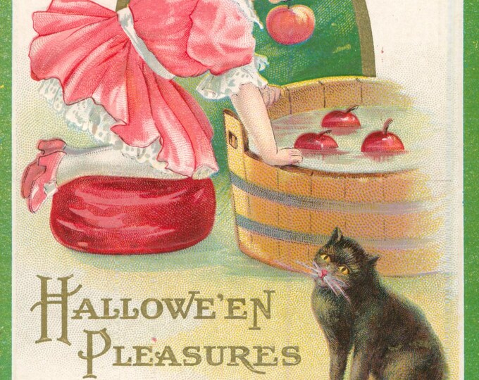Vintage Halloween Postcard, Girl Bobbing for Apples, Black Cat - Etsy