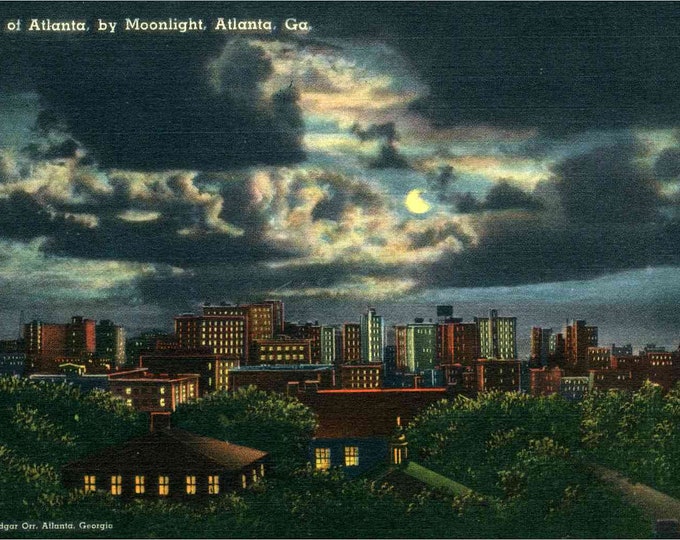 Linen Postcard, Atlanta, Georgia, Skyline of Atlanta by Moonlight, Ca ...