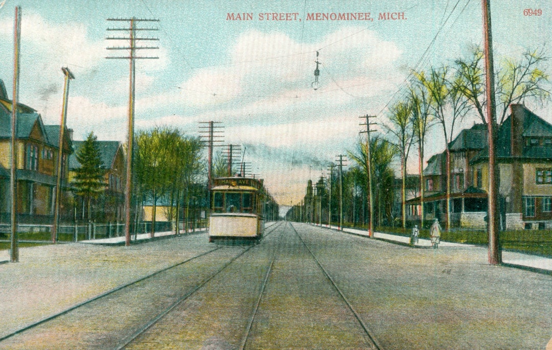 Linen Postcard, Menominee, Michigan, Main Street, Streetcar, NICE - Etsy