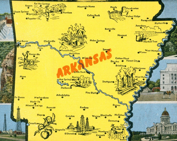 Linen Postcard, Greetings From Arkansas, State Map, Six Scenes, Ca 1950 ...