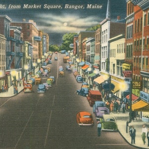 Linen Postcard, Bangor, Maine, Main Street at Night From Market Square ...