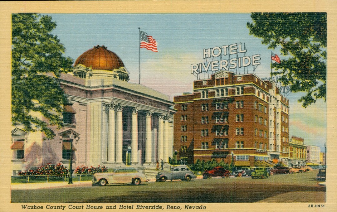 Linen Postcard, Reno, Nevada, County Court House and Hotel Riverside, a ...