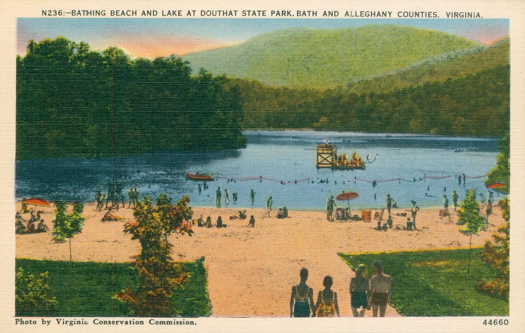 Linen Postcard, Millboro, Virginia, Beach and Lake at Douthat State ...