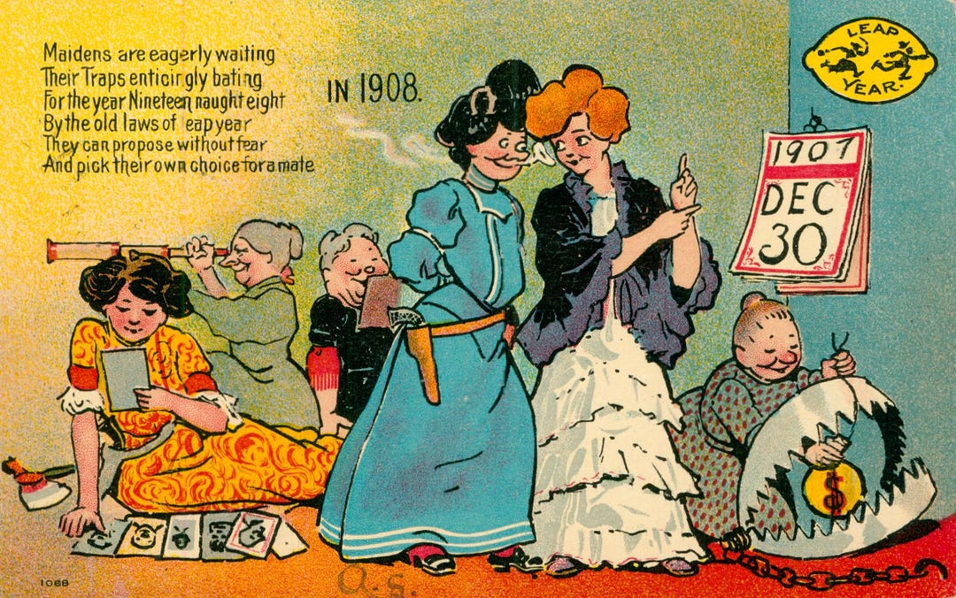 Vintage Comic Postcard, Girls Setting Trap for Men, Leap Year Series ...