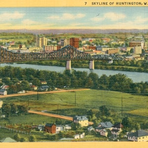 Linen Postcard, Huntington, West Virginia, Skyline of City and River ...