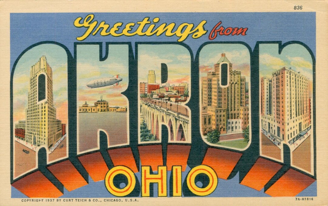 Linen Postcard, Greetings From Akron, Ohio, Large Letter, Ca 1950 - Etsy